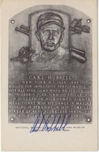 Carl Hubbell signed Baseball Hall of Fame Plaque (vintage white version ...