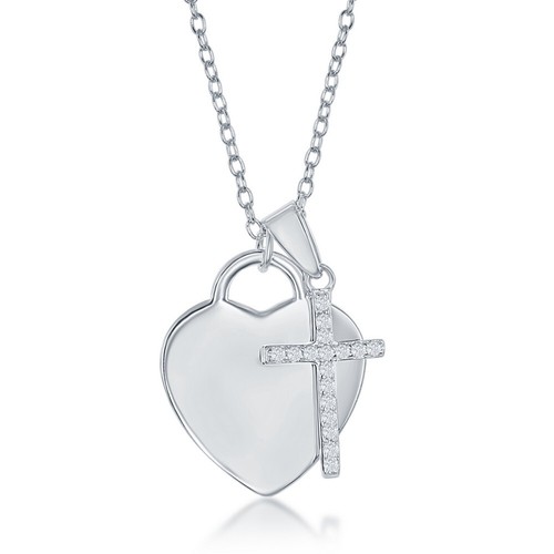 Sterling Silver Shiny Engravable Heart with Small CZ Cross Necklace | eBay