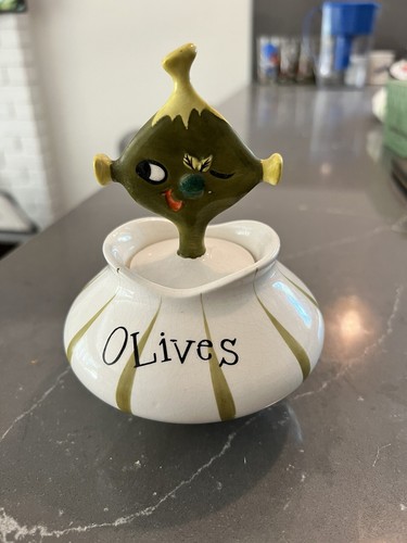 Vtg 1958 Holt Howard Pixie Ware Olives Jar w Pick Ceramic Japan Martini ...