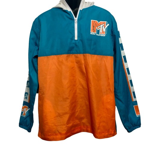 MTV Windbreaker Medium Adult Unisex White Blue Orange Sleeve Logo 1/4 ...