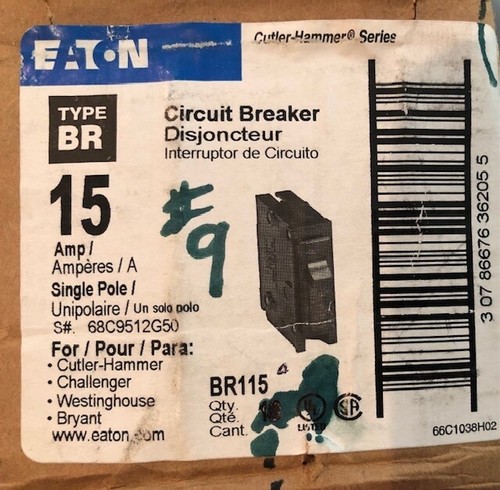 EATON BR115 15 AMP CIRCUIT BREAKER SINGLE POLE 120/240 VAC NEW BOX OF ...