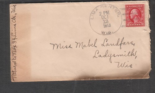 1913 cover Box 34 Lima Center WI to Miss Mabel Landfare Ladysmith ...