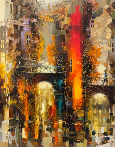 Painting, abstract-surrealist, bridge in home, bright fantasy ...