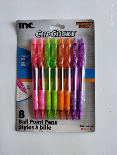 8 BALL POINT PENS, Inc ClipClicks,Colored Ink 1.0mm Comfort Grip, 4 ...