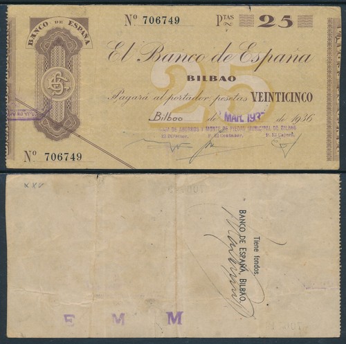Spain 25 Pesetas 1936 Bilbao / Banco Bilbao MBC MBC 392-B Bank Of Spain ...