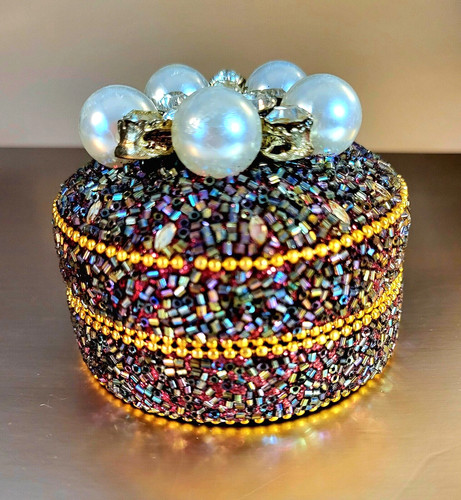 Vintage Sparkly Beaded Round Metal Trinket Box Big Faux Pearls&Clear ...