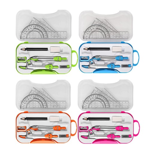 Math Geometry Kit Compass Set Protractor Ruler Eraser with Storage Case ...