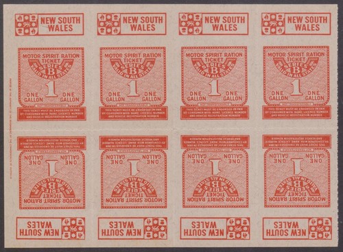 (F228-127) 1940 New South Wales sheet of 8 Petrol 1 Gallon Ration ...