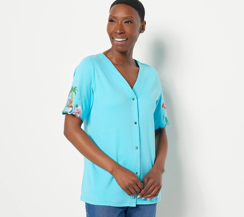 Quacker Factory Summer Fun Embroidered Cardigan Jacket Turquoise M New ...