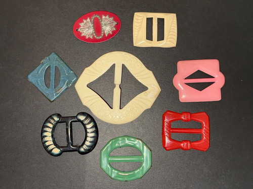 8 Antique Vintage Pressed TIN Colorful Painted Buckles 1 7/8" to 3 ...