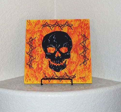 Flaming Skull & Barbed Wire Flagstone Art Painting Orange/Red/Black By ...