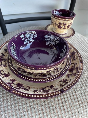 TEMPTATIONS DINNERWARE SET BASKETWEAVE EGGPLANT SERVICE FOR 4 | eBay