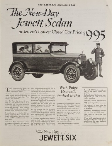 1925 Print Ad The New Day Jewett Six Sedan & Hydraulic Brakes Paige ...
