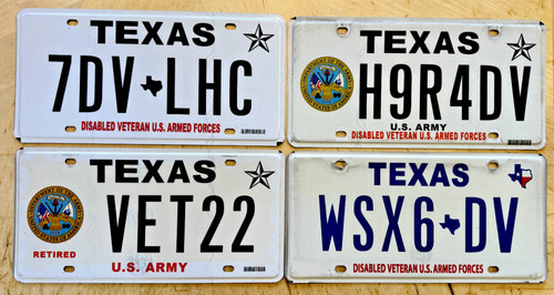 4 TXS DISABLED VETERAN US ARMY ARMED FORCES LICENSE PLATES " VET 22 ...