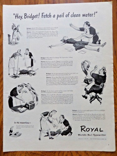 1945 Royal Portable Typewriter Ad Hey Bridget Fetch a Pail of Clean ...