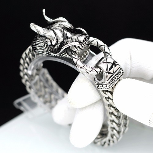 Silver Stainless Steel Chinese Dragon Head Franco Chain Bracelet Heavy ...