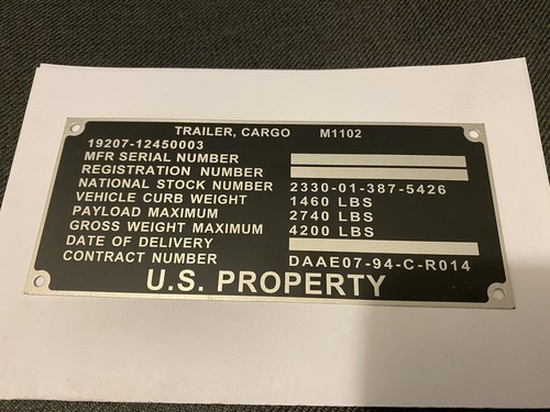 NOS M1102 TRAILER DATA PLATE | eBay
