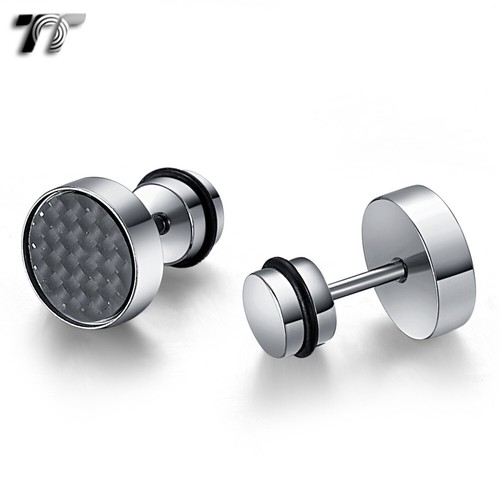 TT 10mm S.Steel Fake Ear Plug Round Fiber Stud Earrings body Piercing ...