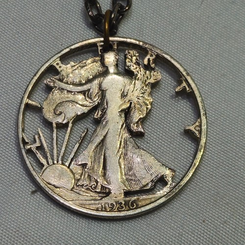 SILVER Walking Liberty 1936 hand-cut HALF DOLLAR Necklace/ 17g Chain ...