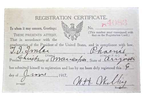 1917 World War 1 Military Draft Registration Certificate Card Arizona ...