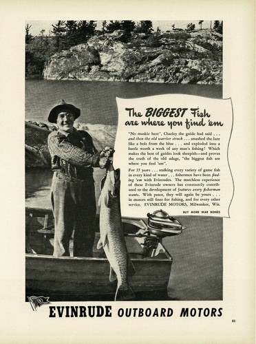 1945 EVINRUDE Outboard Boat Motor fishing for muskellunge Vintage Print ...
