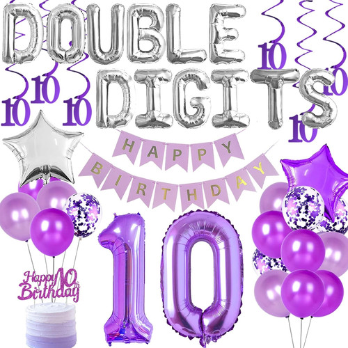 10Th Birthday Purple Double Digits Decorations with Happy Birthday ...