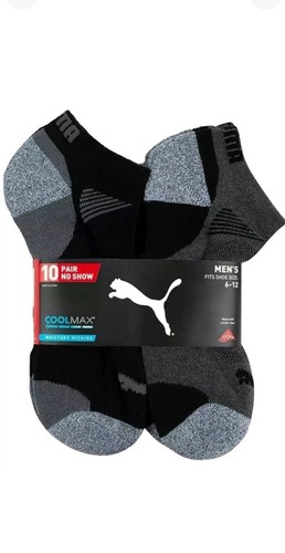Puma Men's 10 Pair No Show CoolMax Moisture Wicking Socks - Fits Shoe ...