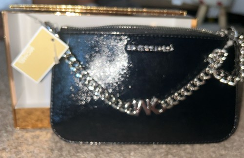 MICHAEL Michael Kors JET SET SM CHAIN POUCHETTE Black/Silver Leather ...