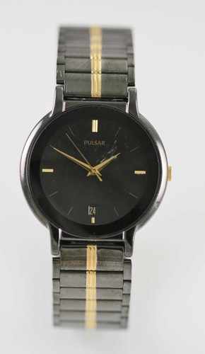 Pulsar Mens Watch Stainless Steel Black Gold Battery Date Water ...