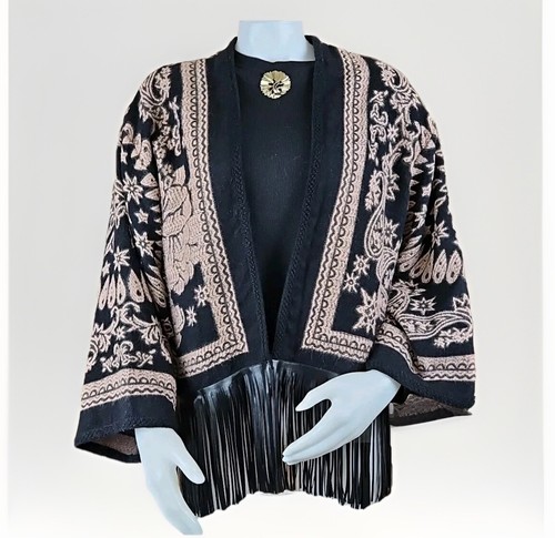 Chicos Fringe Ruana Wrap Sweater Coat Womens S/M Brown Black Floral ...