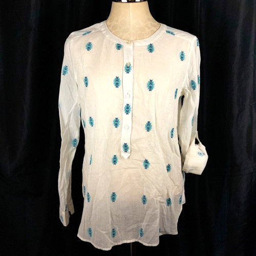 Ann Taylor Loft Top Womens M White Embroidered Aztec Roll Tab Sleeve ...