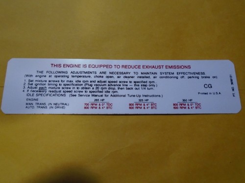 1969 Reproduction Chevy 396-245-325-350hp Emission Decal | eBay