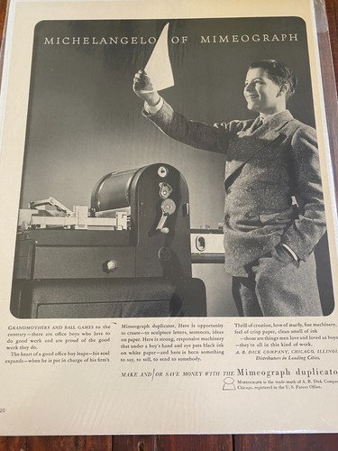 Vintage 1940 Memeograph Duplicator Michelangelo Of Mimeograph ad | eBay