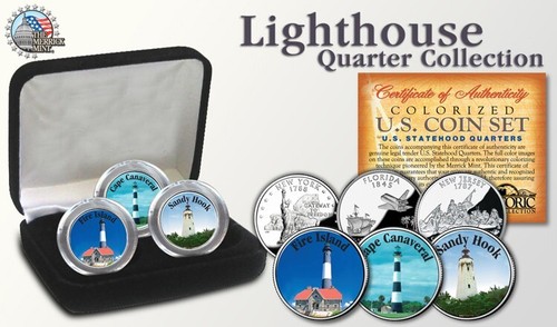NEW Lighthouse Colorized 3-Coin U.S. Statehood Quarter Set w/ Gift Box ...