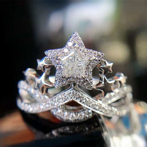 925 Sterling Silver White Topaz Star Charms Wedding Engagement Ring ...