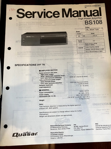 QUASAR BS108 Service Manual FROM THE USA **ORIGINAL** | eBay