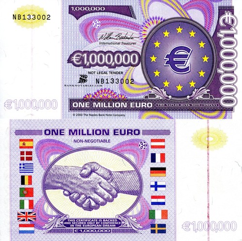 1,000,000 EUROS NAPLES BANK NOTE COMPANY FINE ENGRAVED PAPER FANTASY ...