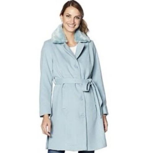 COLLEEN LOPEZ Blue Belted Winter Coat Removable Faux Fur Collar Sz 2X ...