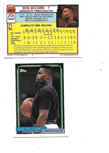 Bob McCann 1992-93 Topps Basketball Rookie Card #363 Lot of 2 ...