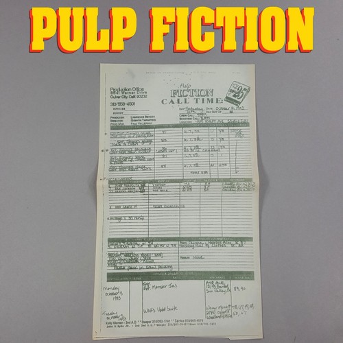 Pulp Fiction Movie Call Sheet - Jimmie's Garage Samuel L. Jackson ...