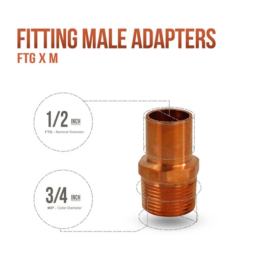 3/4" x 1/2" CxF Copper Male Adapter Reducer Fitting Sweat x MIP Thread ...