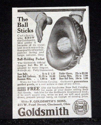 1910 OLD MAGAZINE PRINT AD, GOLDSMITH BASEBALL CATCHER'S MITT, THE BALL ...