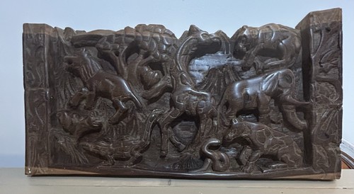 Antique Oak Carved Panel Animals Trees Religious ? 17th Century Hunting ...