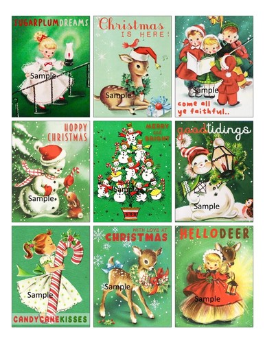 Vintage Christmas Tree Children Deer Green Shades 9 x DIY Gift Tag Card ...