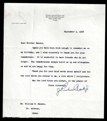 J. Reuben Clark, Jr. Typed Letter, Signed-Salt Lake City, Utah-Mormon ...