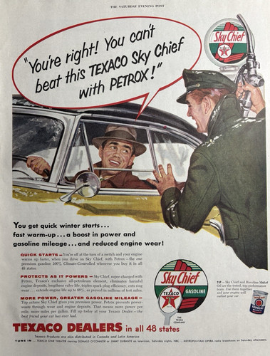 Texaco Sky Chief Gasoline Winter Starts Petrox Boost Power VTG Print Ad ...