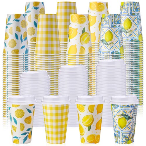 100 Pcs 12 Oz Capri Lemon Disposable Coffee Cups with Lids Yellow Lemon ...