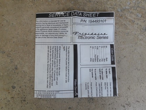 154493101 FRIGIDAIRE DISHWASHER TECH SHEET 154493101 | eBay