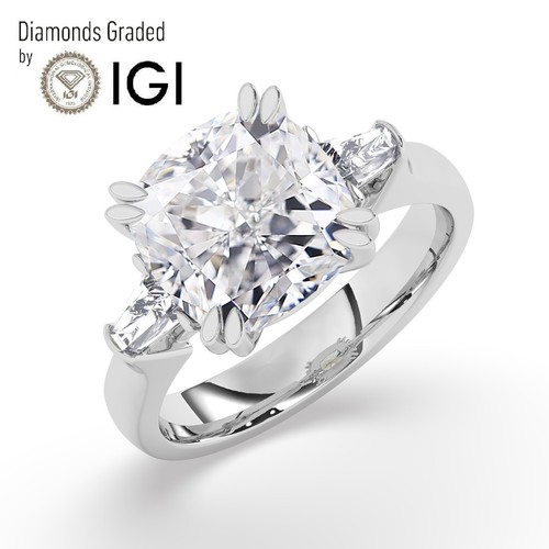 IGI, F/VS1, 5CT Solitaire Lab-Grown Cushion Diamond Trilogy Ring, 18K ...