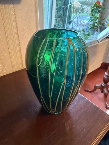 hand blown art glass green control bubble yellow stringing vase | eBay UK